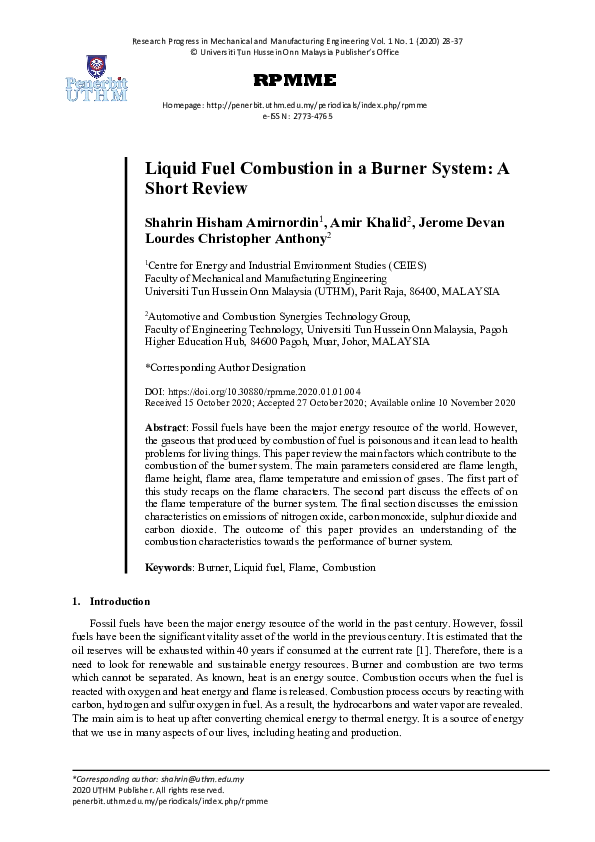 (PDF) Liquid Fuel Combustion in a Burner System: A Short Review
