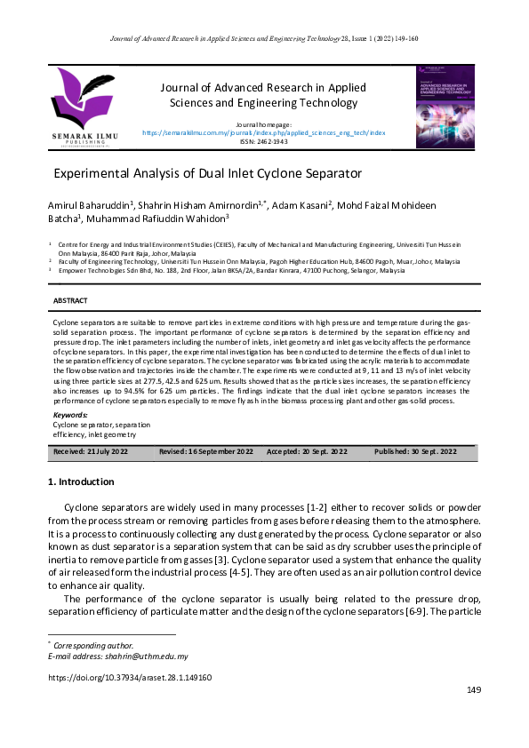 (PDF) Experimental Analysis of Dual Inlet Cyclone Separator