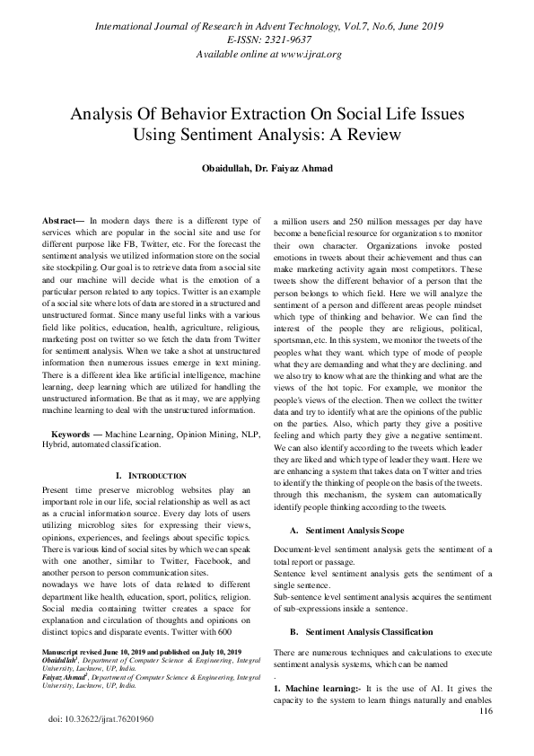 (PDF) Analysis Of Behavior Extraction On Social Life Issues Using ...