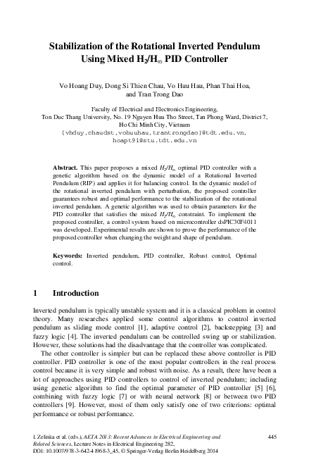 (PDF) Stabilization of the Rotational Inverted Pendulum Using Mixed H2/H ∞ PID Controller | Võ ...