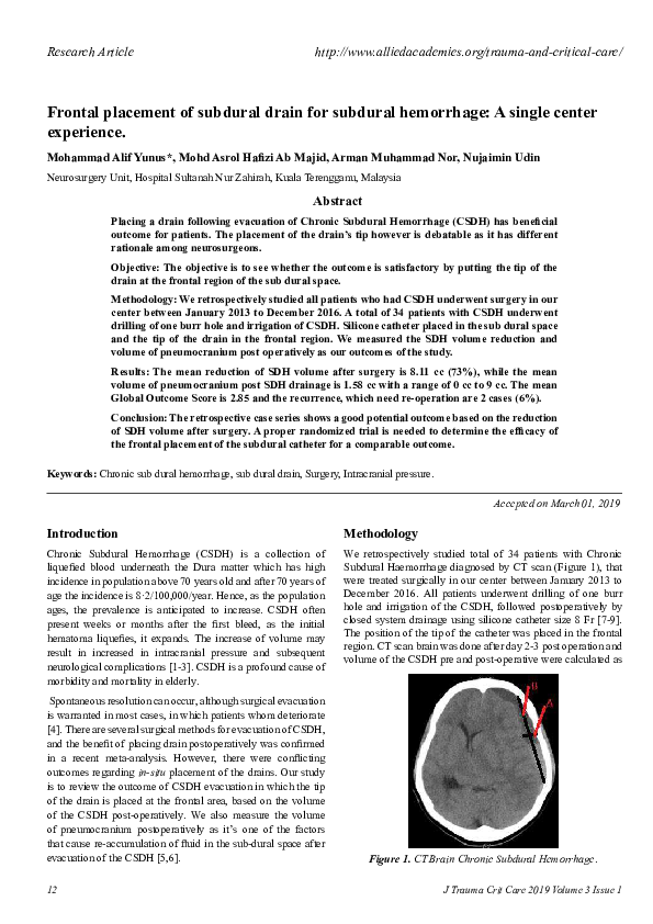 (PDF) Frontal placement of subdural drain for subdural hemorrhage: A ...