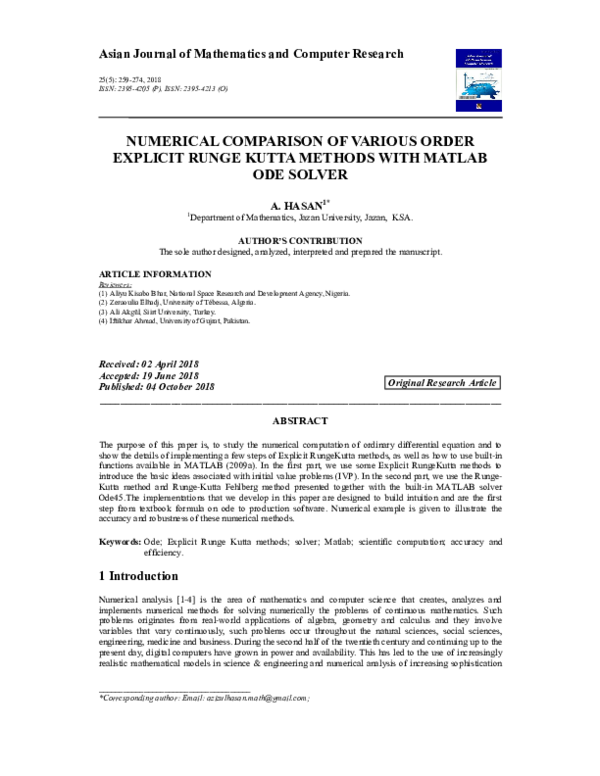 Pdf Numerical Comparison Of Various Order Explicit Runge Kutta Methods With Matlab Ode Solver