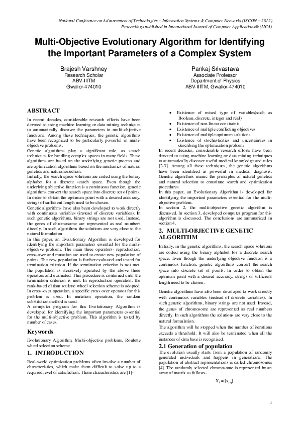 (PDF) Multi-Objective Evolutionary Algorithm for Identifying the Important Parameters of a ...