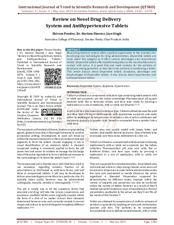 (PDF) Review on Novel Drug Delivery System and Antihypertensive Tablets