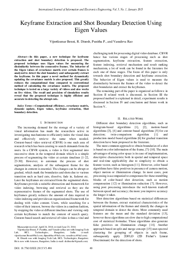 (PDF) Keyframe Extraction and Shot Boundary Detection Using Eigen Values
