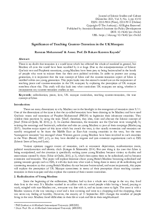 (PDF) Significance of Teaching Counter-Terrorism in the UK Mosques | Dr ...