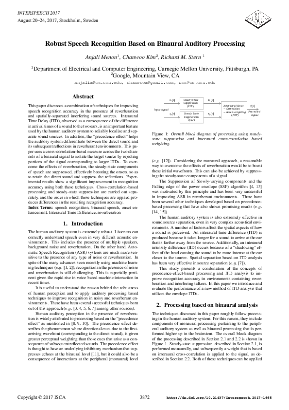 (PDF) Robust Speech Recognition Based on Binaural Auditory Processing