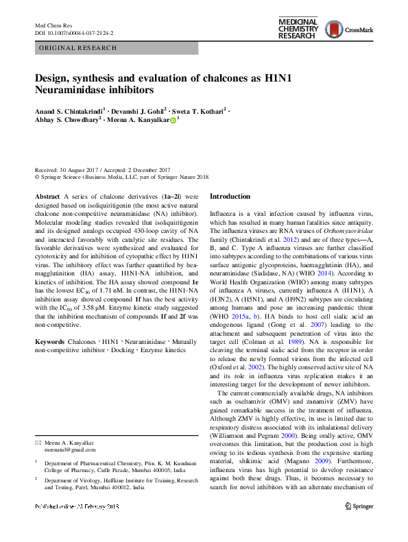 (PDF) Design, synthesis and evaluation of chalcones as H1N1 ...