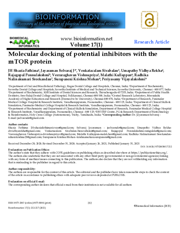 (PDF) Molecular docking of potential inhibitors with the mTOR protein