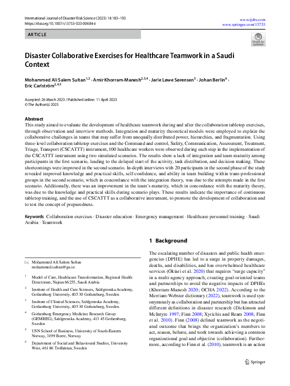 (PDF) Disaster Collaborative Exercises for Healthcare Teamwork in a Saudi Context