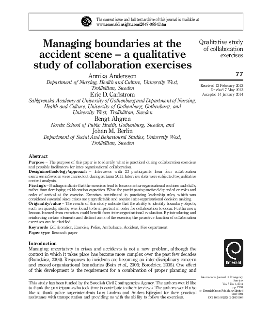 (PDF) Managing boundaries at the accident scene – a qualitative study of collaboration exercises