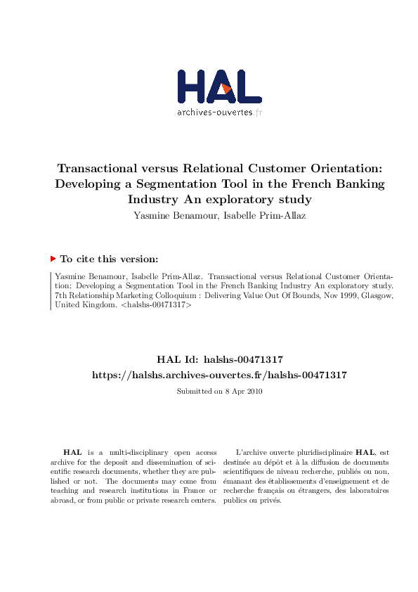 Pdf Transactional Versus Relational Customer Orientation Developing A Segmentation Tool In