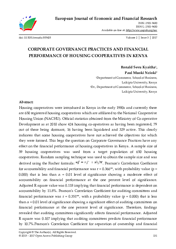 (PDF) Corporate Governance Practices and Financial Performance of Housing Cooperatives in Kenya