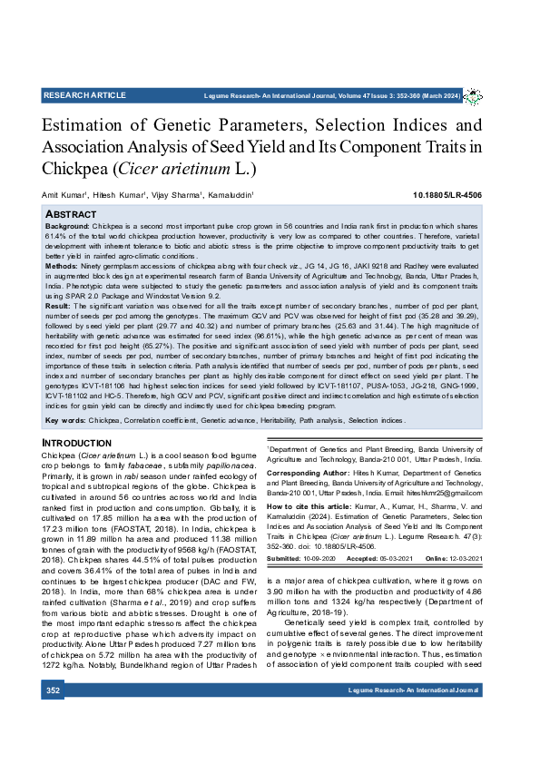 (PDF) Estimation of Genetic Parameters, Selection Indices and Association Analysis of Seed Yield ...