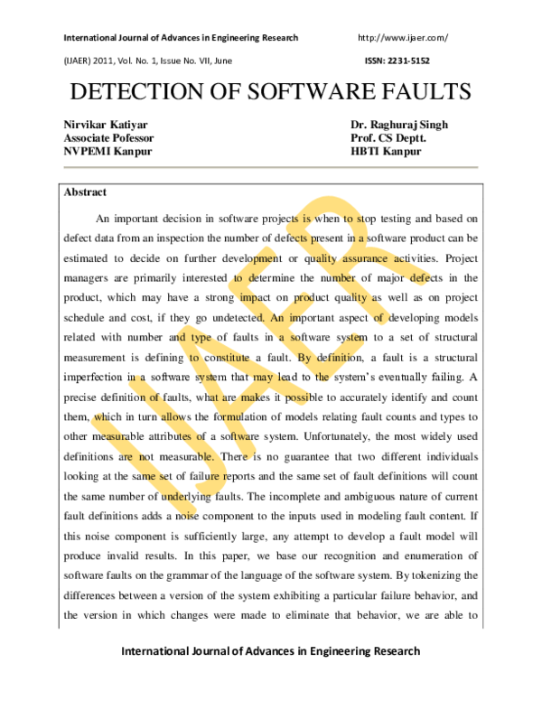 (PDF) Detection of Software Faults