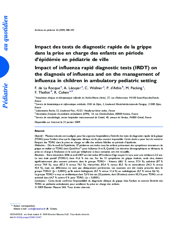 (PDF) Impact des tests de diagnostic rapide de la grippe dans la prise ...