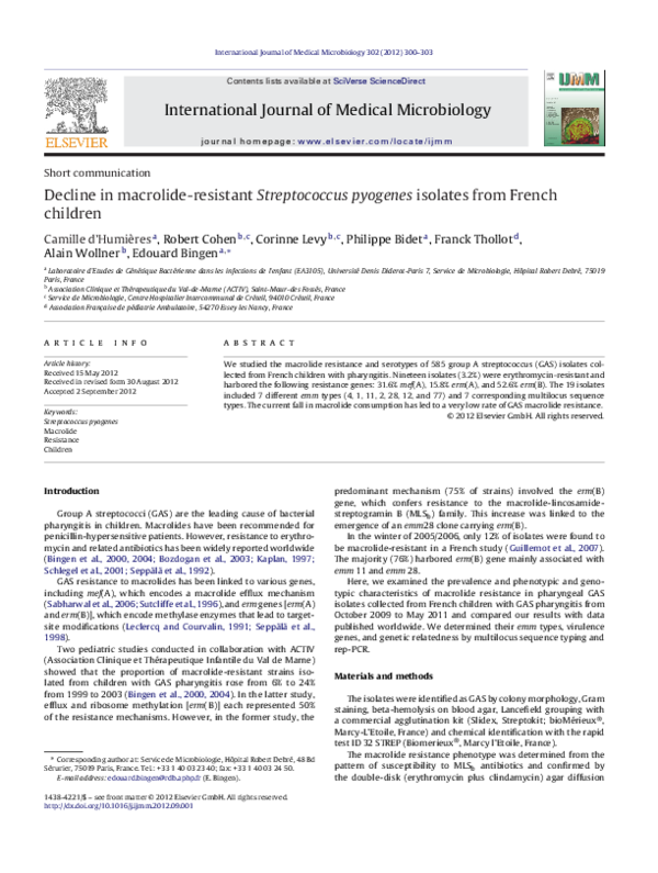 (PDF) Decline in macrolide-resistant Streptococcus pyogenes isolates ...