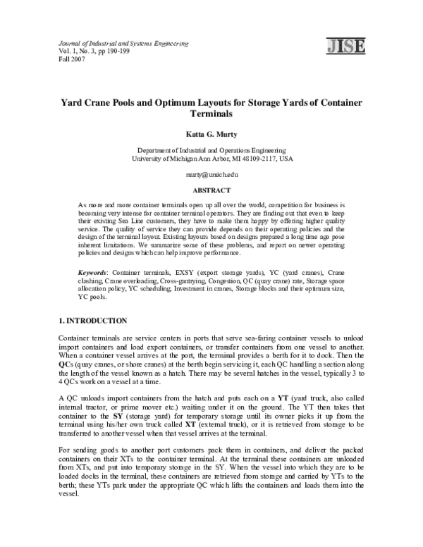 (PDF) Yard Crane Pools and Optimum Layouts for Storage Yards of Container Terminals