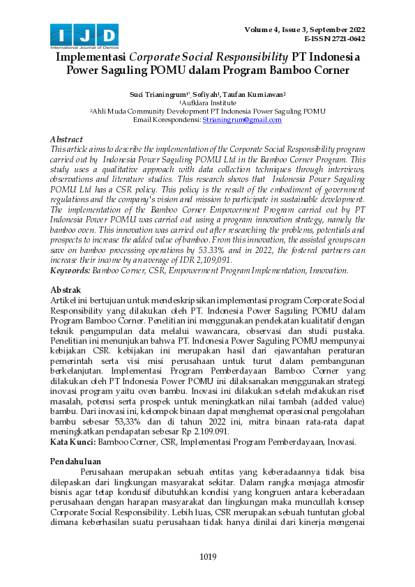 (PDF) Implementasi Corporate Social Responsibility PT Indonesia Power Saguling POMU dalam ...