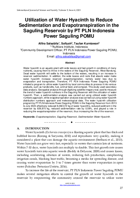 (PDF) Utilization of Water Hyacinth to Reduce Sedimentation and ...
