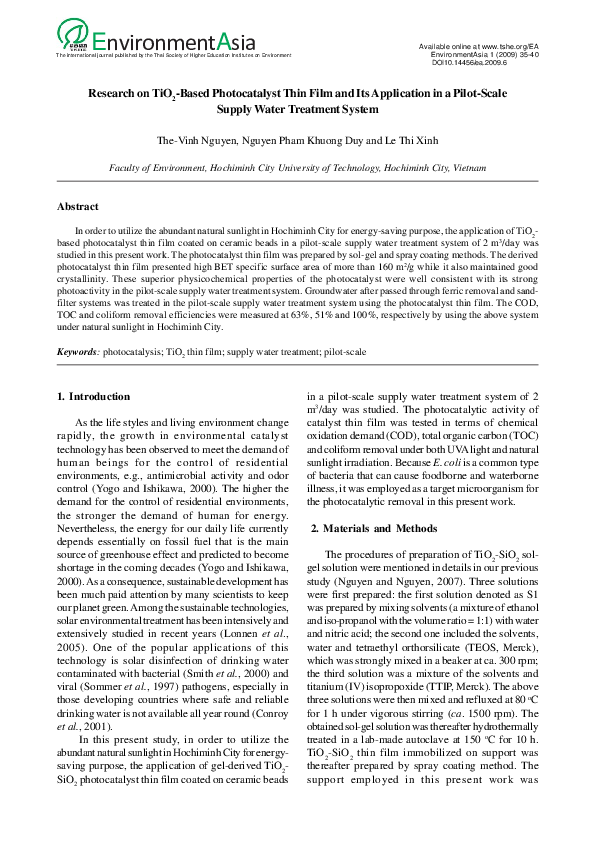 (PDF) Research on TiO2-Based Photocatalyst Thin Film and Its Application in a Pilot-Scale Supply ...
