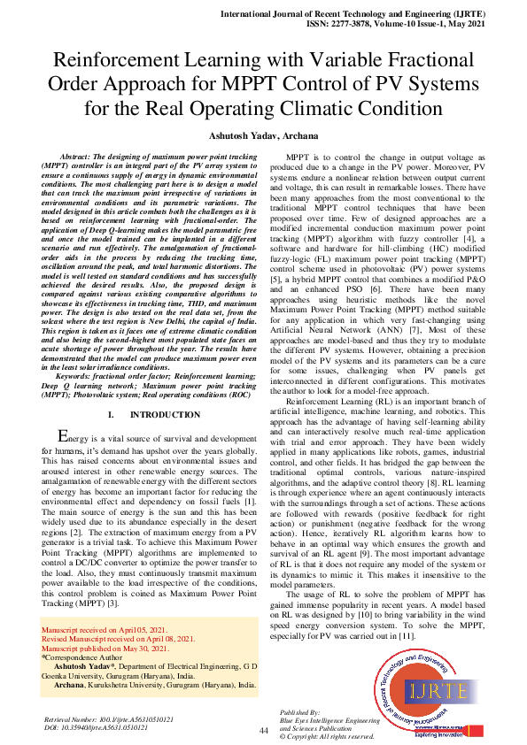 (PDF) Reinforcement Learning with Variable Fractional Order Approach for MPPT Control of PV ...