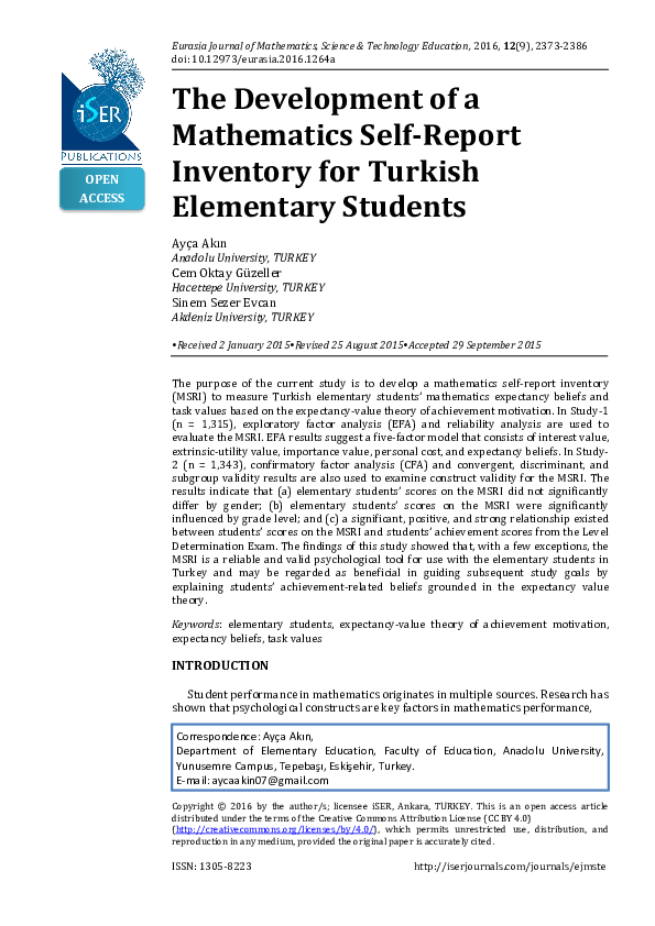 (PDF) The Development of a Mathematics Self-Report Inventory for ...