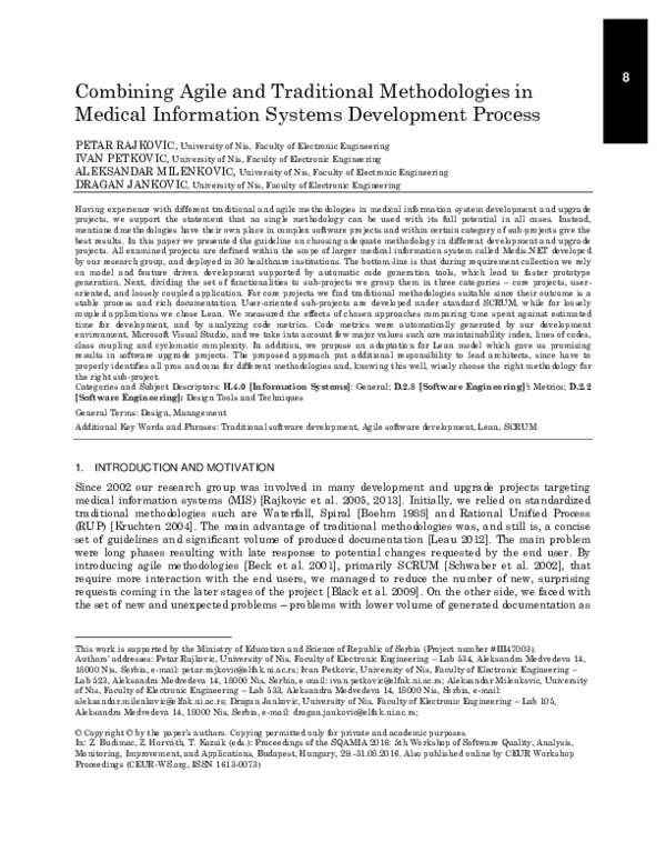 (PDF) Combining Agile and Traditional Methodologies in Medical Information Systems Development ...