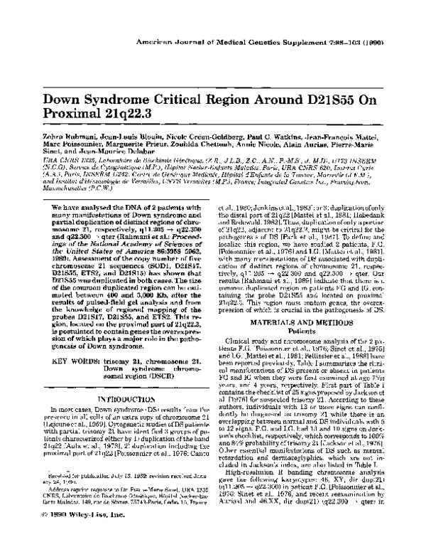 (PDF) Down syndrome critical region around D21S55 on proximal 21q22.3