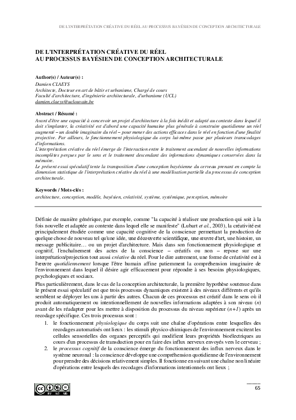 (PDF) De l'interprétation créative du réel au processus bayésien de conception architecturale