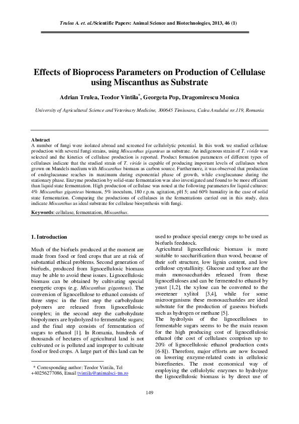 (PDF) Effects of Bioprocess Parameters on Production of Cellulase using Miscanthus as Substrate
