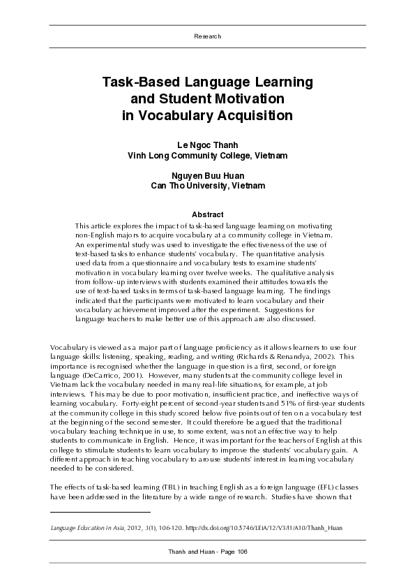 (PDF) Task-Based Language Learning and Student Motivation in Vocabulary Acquisition