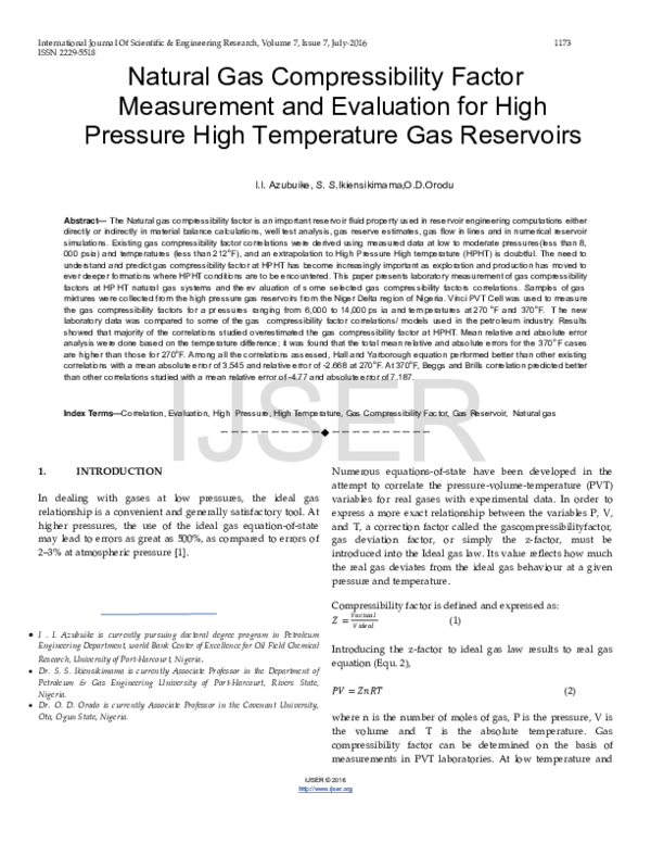 Pdf Natural Gas Compressibility Factor Measurement And Evaluation For High Pressure High