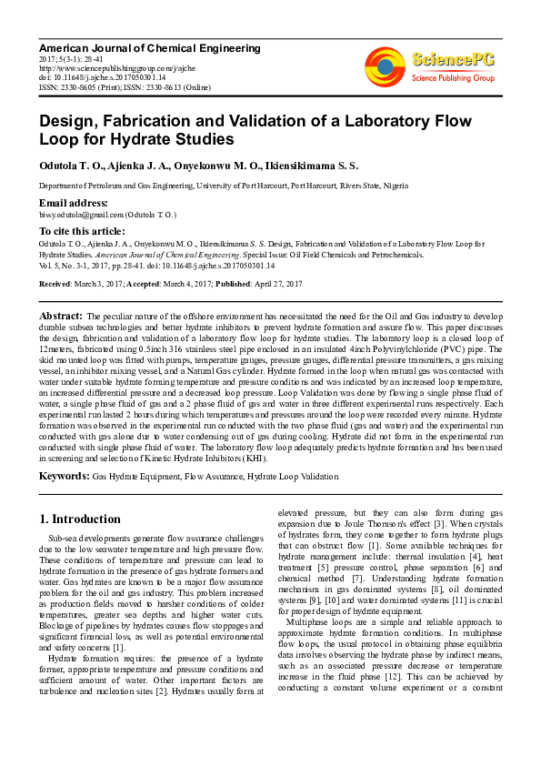 (PDF) Design, Fabrication and Validation of a Laboratory Flow Loop for Hydrate Studies