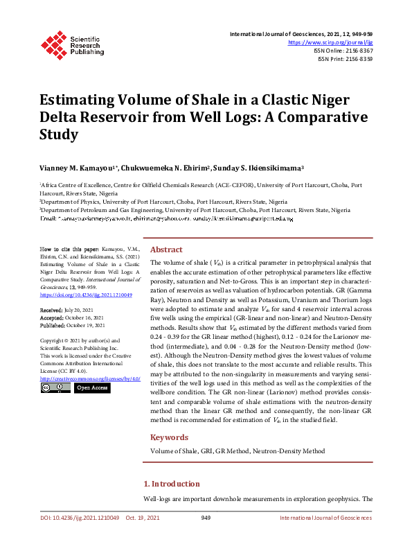 (PDF) Estimating Volume of Shale in a Clastic Niger Delta Reservoir from Well Logs: A ...