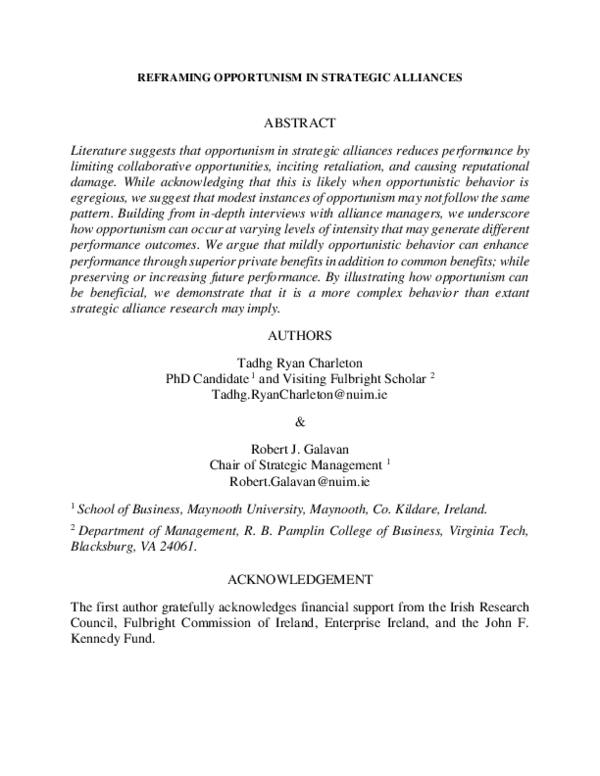 (PDF) Reframing Opportunism in Strategic Alliances