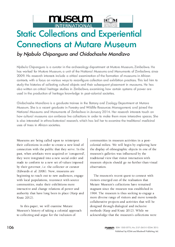 (PDF) Static Collections and Experiential Connections at Mutare Museum
