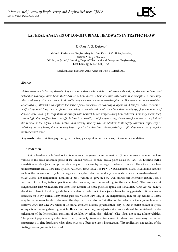 (PDF) Lateral Analysis of Longitudinal Headways in Traffic Flow