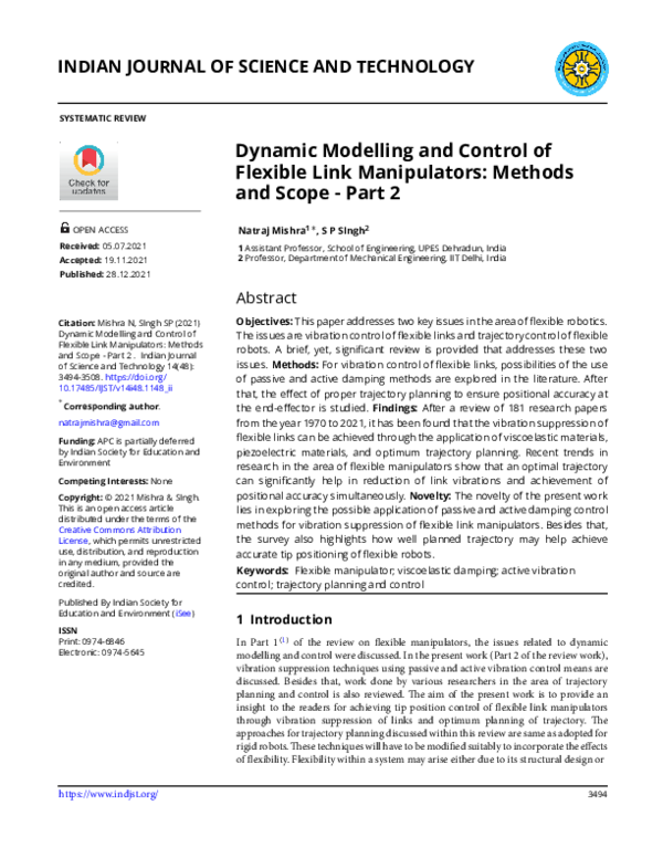 (PDF) Dynamic Modelling and Control of Flexible Link Manipulators: Methods and Scope -Part 2