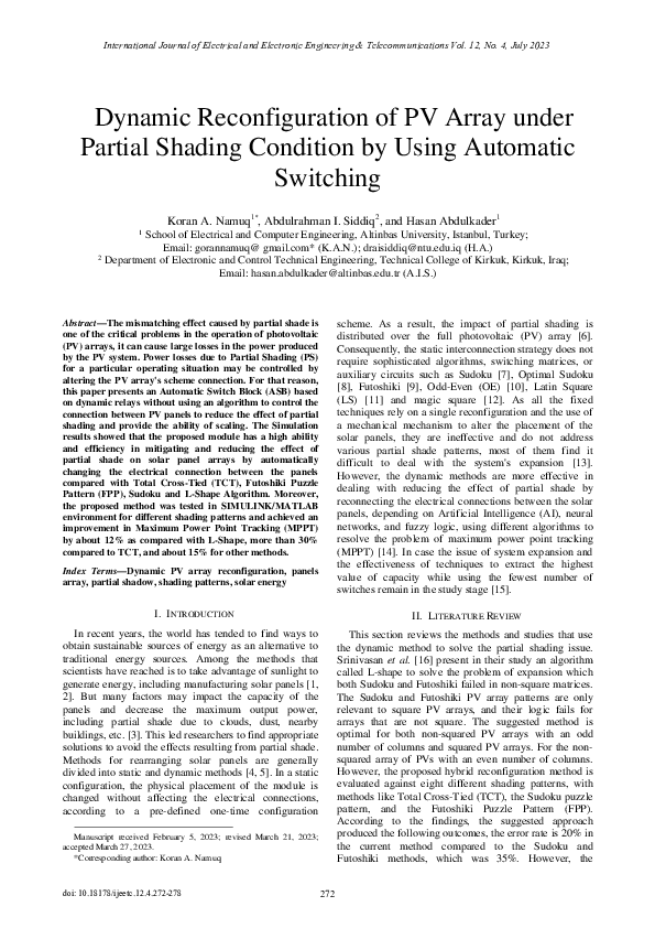 Pdf Dynamic Reconfiguration Of Pv Array Under Partial Shading Condition By Using Automatic