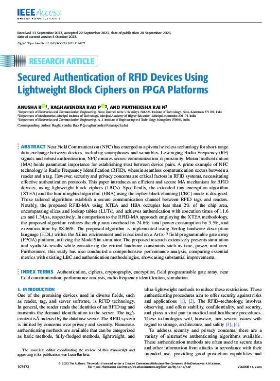 (PDF) Secured Authentication of RFID Devices Using Lightweight Block Ciphers on FPGA Platforms