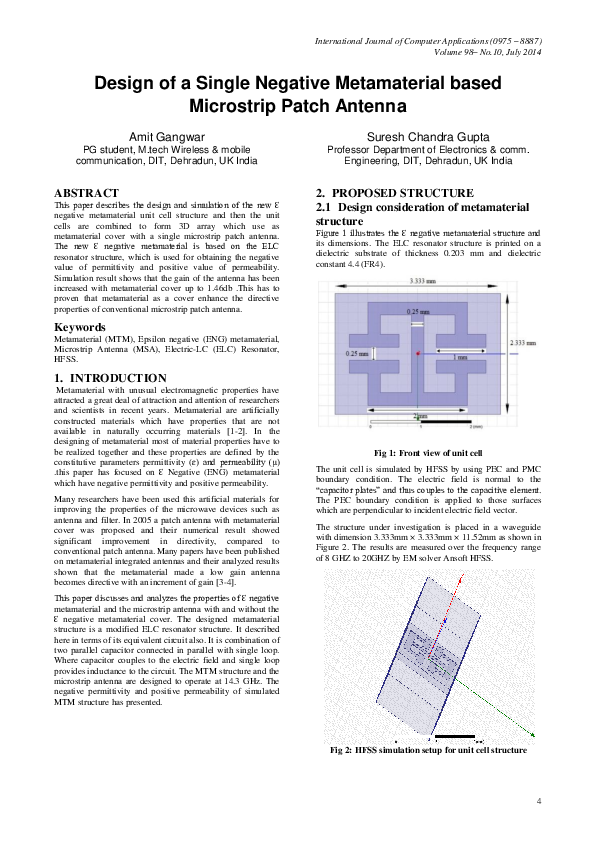 (PDF) Design of a Single Negative Metamaterial based Microstrip Patch Antenna