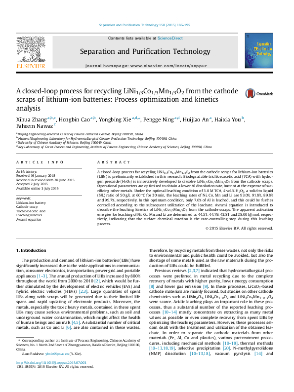 (PDF) A closed-loop process for recycling LiNi1/3Co1/3Mn1/3O2 from the cathode scraps of lithium ...