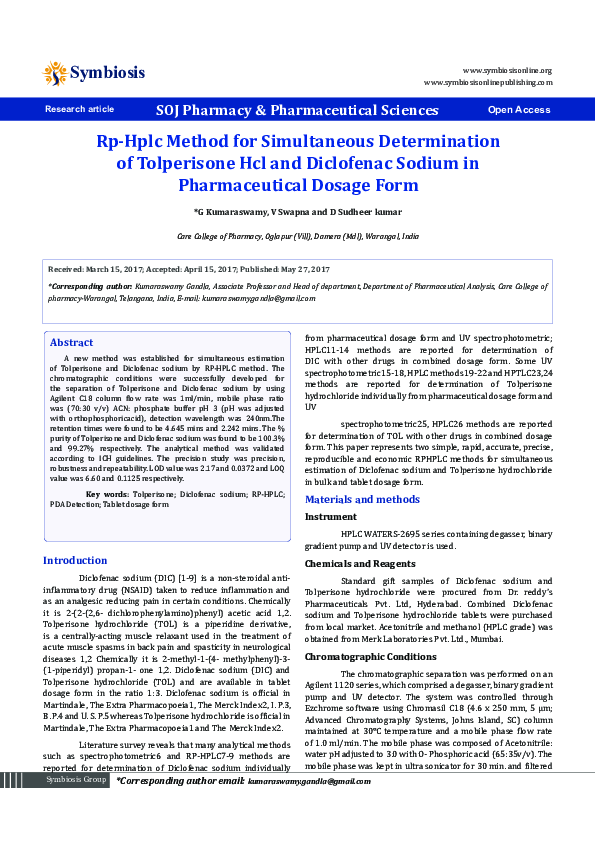 (PDF) Rp-Hplc Method for Simultaneous Determination of Tolperisone Hcl and Diclofenac Sodium in ...