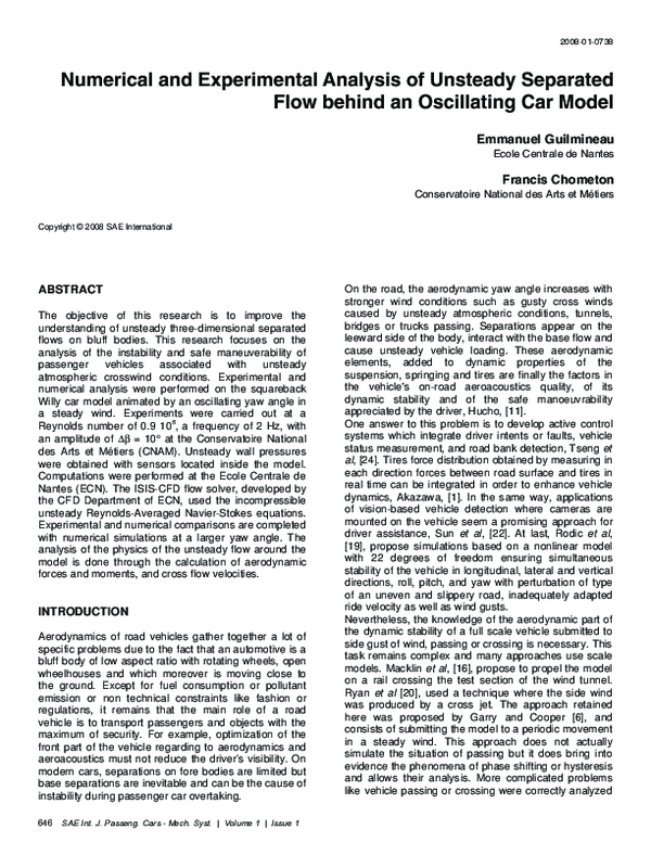 (PDF) Numerical and Experimental Analysis of Unsteady Separated Flow behind an Oscillating Car ...