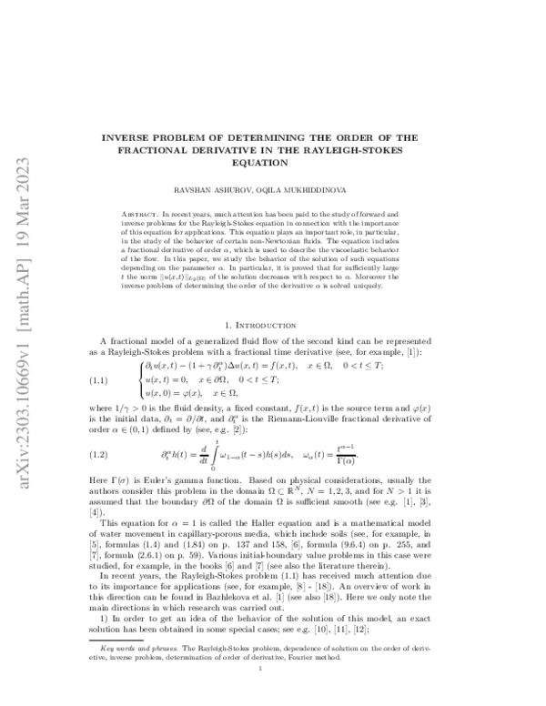 (PDF) Inverse problem of determining the order of the fractional derivative in the Rayleigh ...