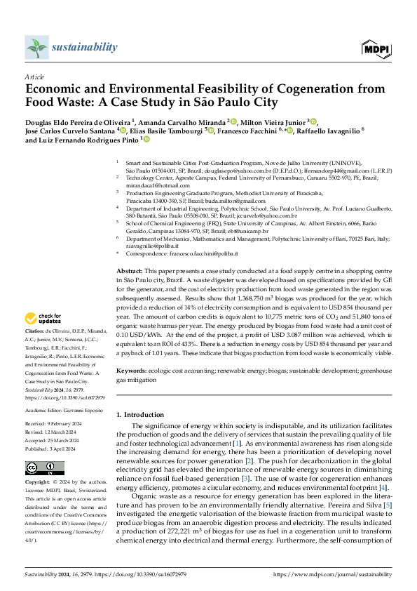 (PDF) Economic and Environmental Feasibility of Cogeneration from Food ...