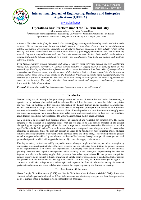 (PDF) Operations Best Practices model for Tourism Industry