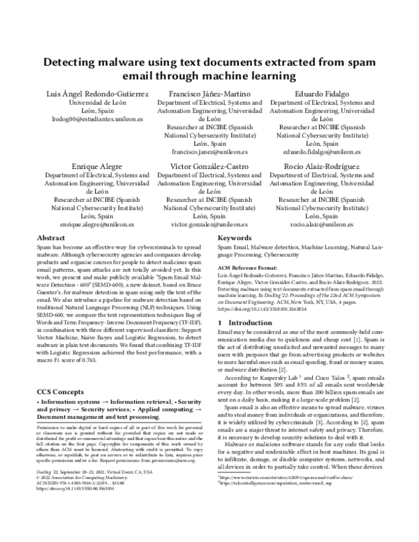 (PDF) Detecting malware using text documents extracted from spam email through machine learning