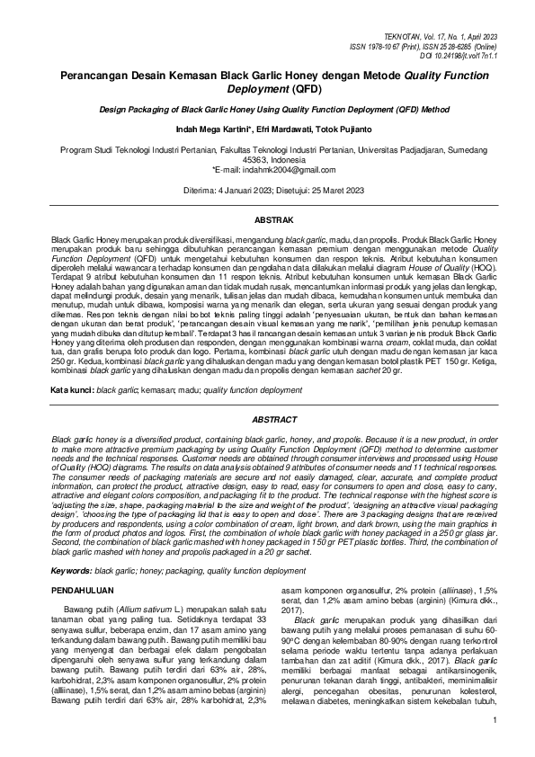 (PDF) Perancangan Desain Kemasan Black Garlic Honey dengan Metode Quality Function Deployment (QFD)